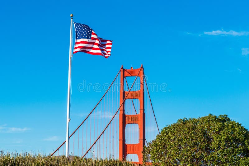 Golden Gate Bridge and American Flag Stock Photo - Image of marin ...