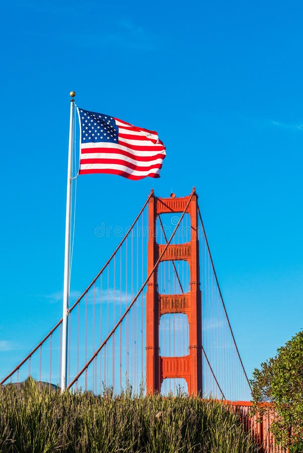 Golden Gate Bridge and American Flag Stock Image - Image of connection ...