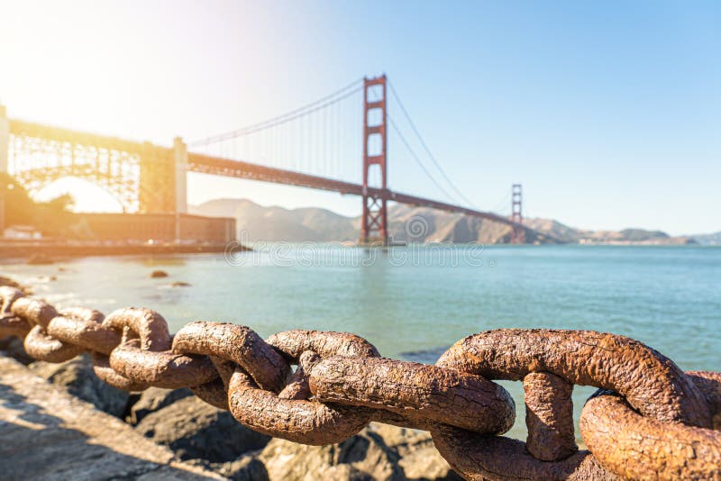 Golden Gate Bridge As Seen From Behind A Railing Chain At The Presidio ...