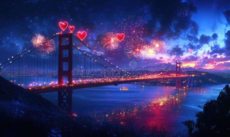 Golden Gate Bridge Illuminated by Fireworks and Hearts at Night Stock ...
