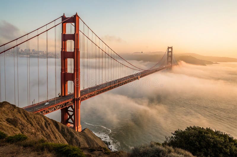 Golden Gate Bridge in the Morning Fog Stock Illustration - Illustration ...