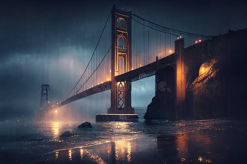 Golden Gate Bridge, at Night in the Rain Stock Illustration ...