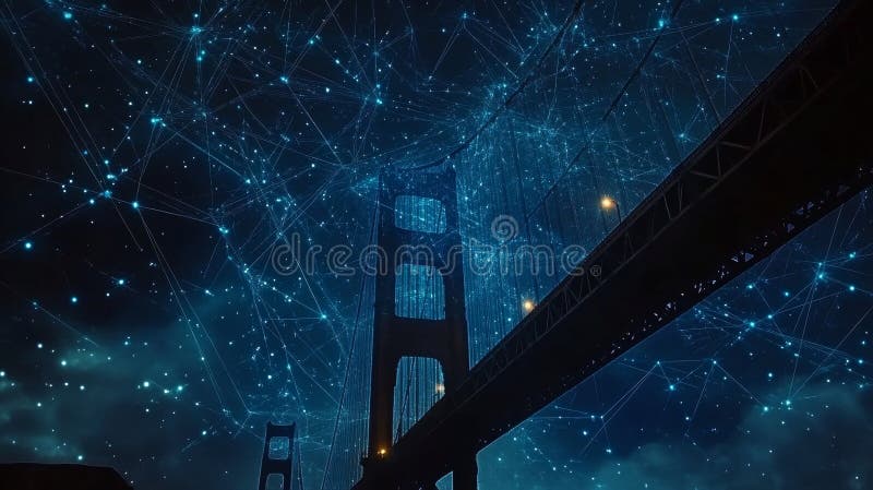 Golden Gate Bridge Outlined in Blue Digital Network, San Francisco ...