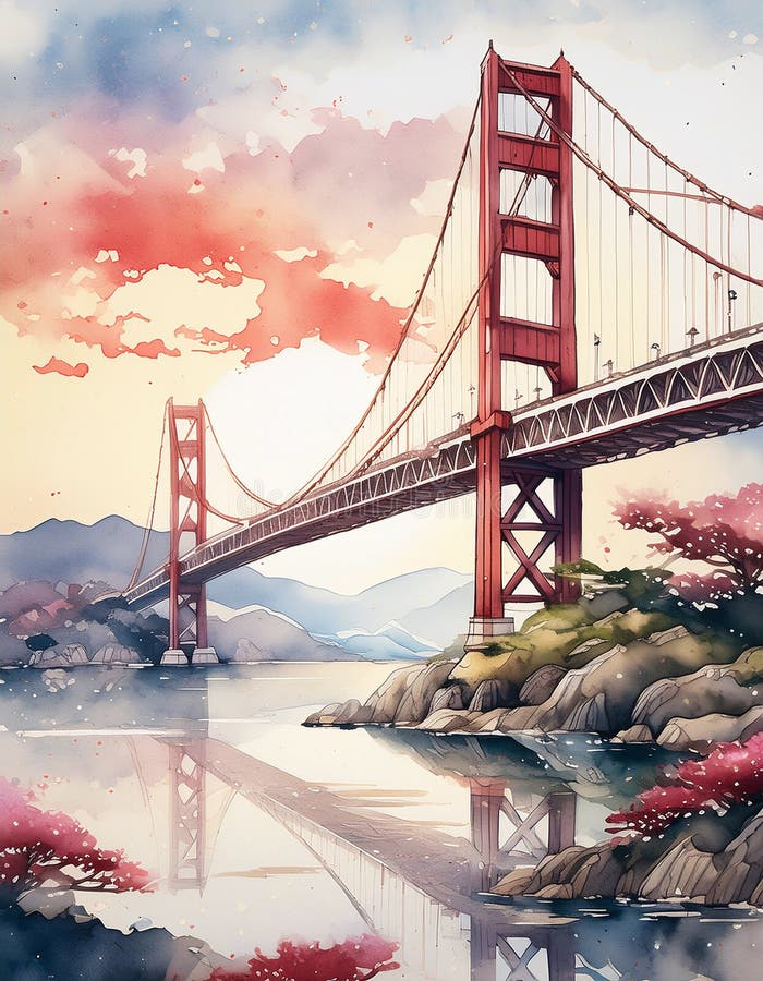 Golden Gate Bridge at Sunset Stock Illustration - Illustration of ...