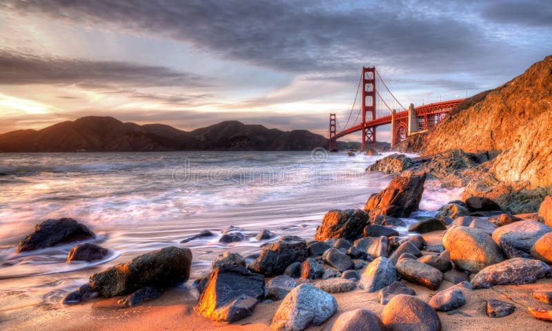 Golden Gate Bridge at Sunset. Stock Photo - Image of engineering ...