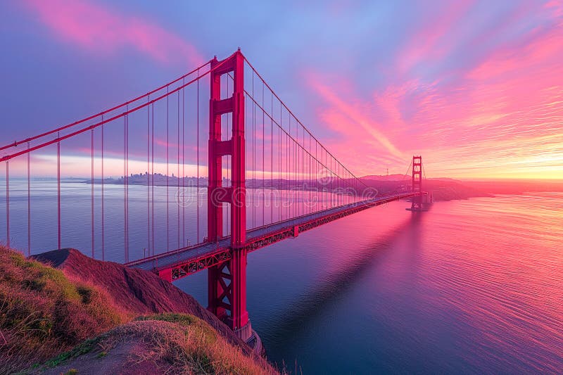 The Golden Gate Bridge at Sunset is Seen from Below the Cliffs Stock ...
