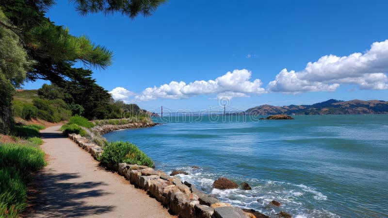 Golden Gate Bridge View from Scenic Coastal Path Under Blue Sky Stock ...