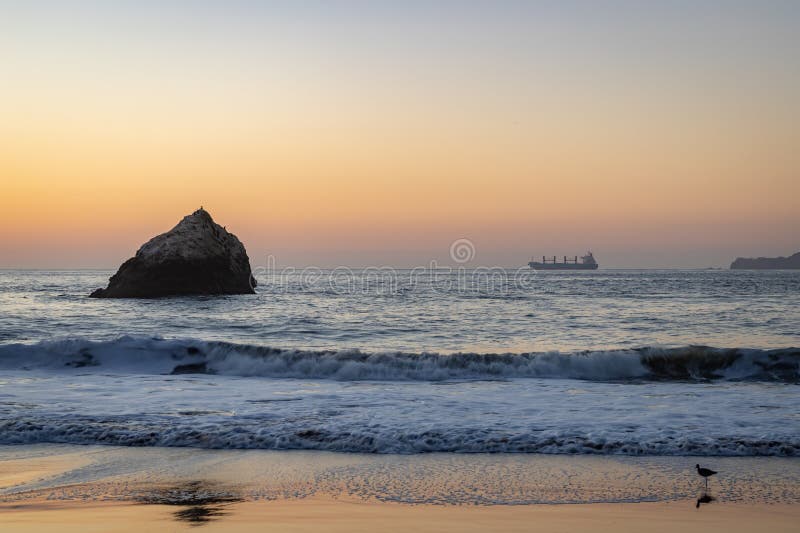 Golden Gate, Cargo Ship and Baker Beach Sunset Stock Photo - Image of ...