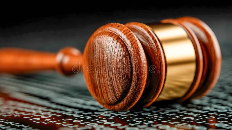 Golden Gavel Engraved with Binary Code Lying on a Surface of Digital ...