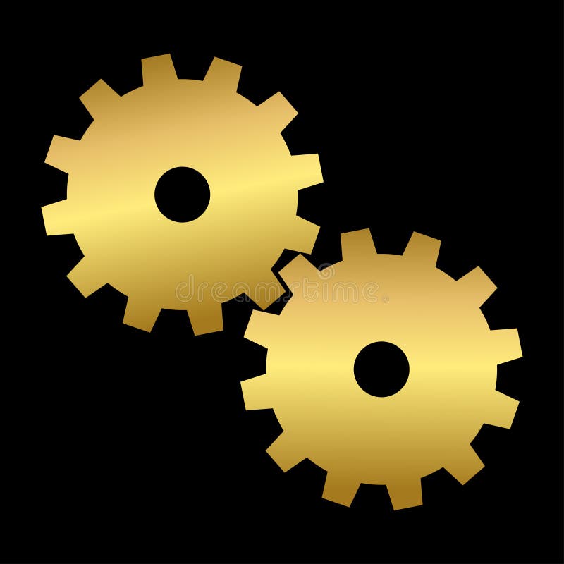 Golden Gear Icon Vector Flat Design on Black. Gears Vector Illustration ...