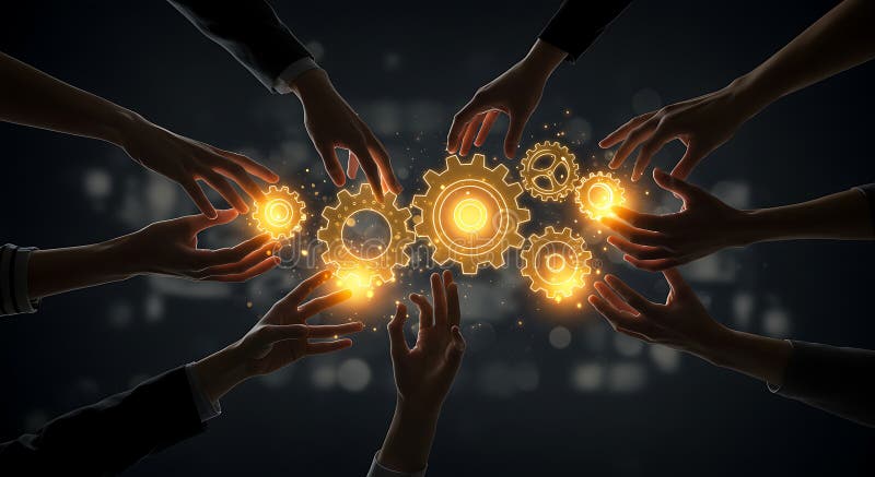 Golden Gears: Collaborative Hands in a Dark Artistic Composition Stock ...