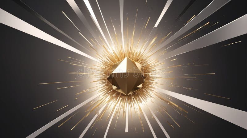 Golden Geometric Object with Radiating Light Beams on a Dark Background ...