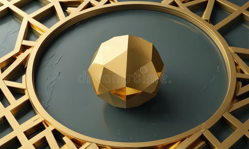 Golden Geometric Sculpture with Triangular Base and Round Top Rests on ...