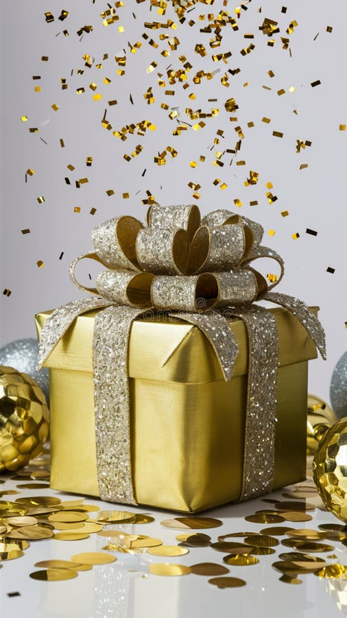Golden Gift Box with Elaborate Bow, Falling Confetti, Festive Display ...