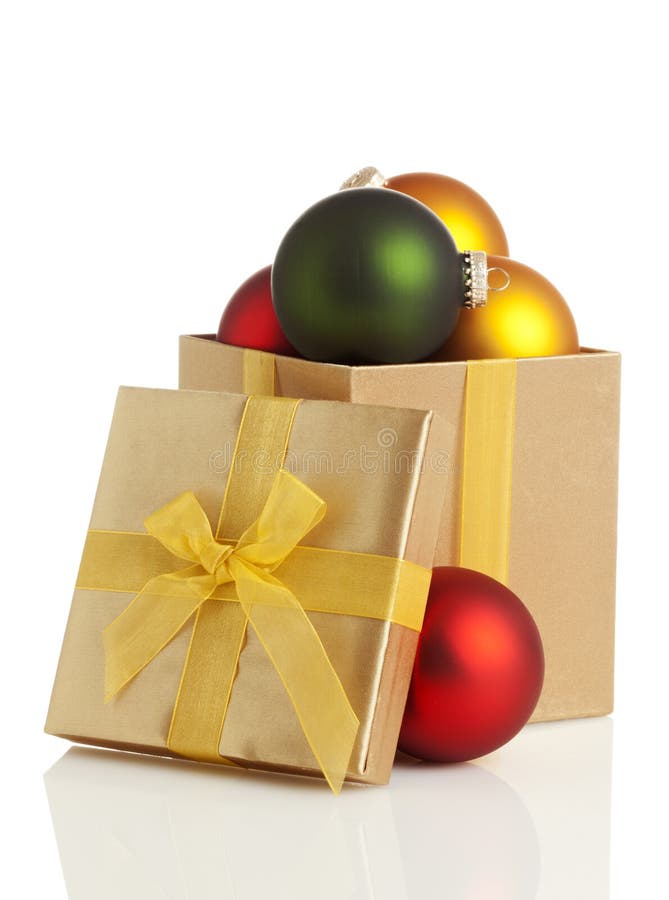 Golden Gift Box Filled with Baubles Stock Image - Image of bauble ...