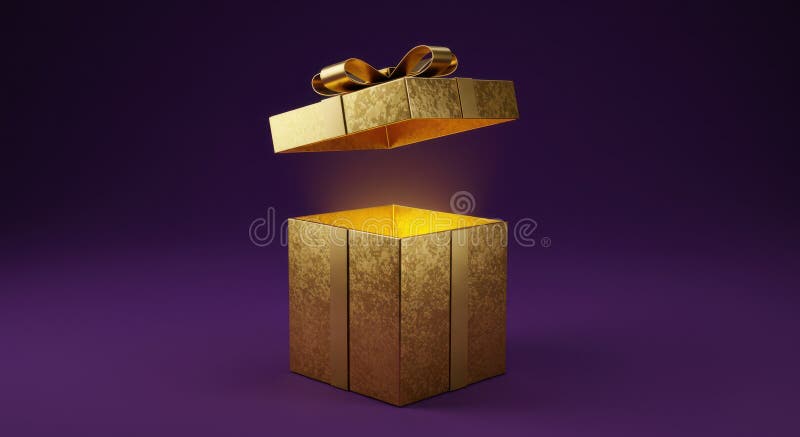 Golden Gift Box with Floating Lid on a Purple Background: Open and ...