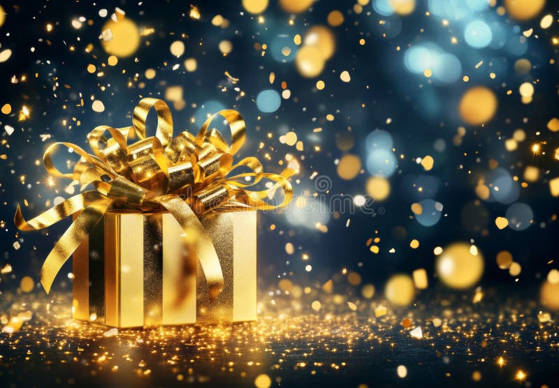 A Golden Gift Box, Open and Placed on a Shiny Surface, Has Gold ...