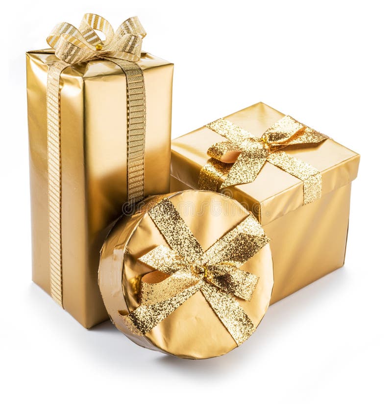 Golden Gift Boxes As a Symbol of Wishes and Celebration on White ...