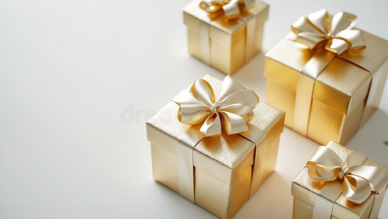 Golden Gift Boxes with Bows Perfect for Holiday Celebrations Stock ...