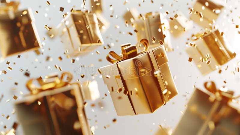 Golden Gift Boxes on White Background. 3D Rendering. Holiday Gift ...