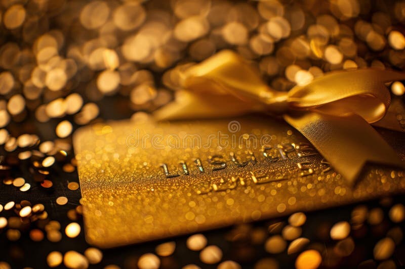 Golden Gift Card Lying on a Glittering Surface with Golden Ribbon Tied ...