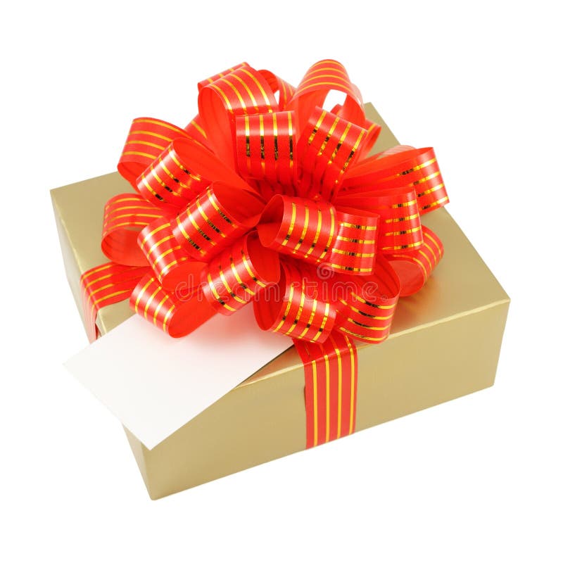 Golden Gift Wrapped Present with Red Striped Bow Stock Image - Image of ...
