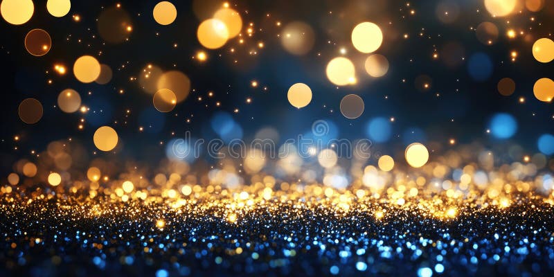 Golden Glitter Bokeh: Sparkling Lights and Particles on a Dark Blue ...
