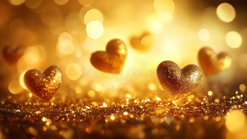 Golden Glitter Hearts Floating on Gold Background Stock Illustration ...