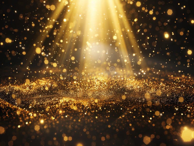 Golden Glitter and Light Rays on Black Background Stock Illustration ...