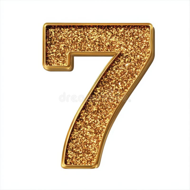 A Golden Glitter Number 7 with a Shiny Border on a White Background ...