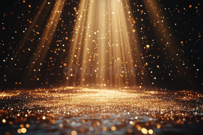 Golden Glitter Sparkles Light Rays Dark Background Stock Illustration ...