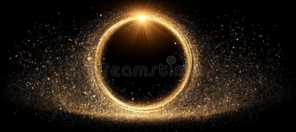Golden Glitter, Sparkling Circle Light Frame on Black Background Luxury ...