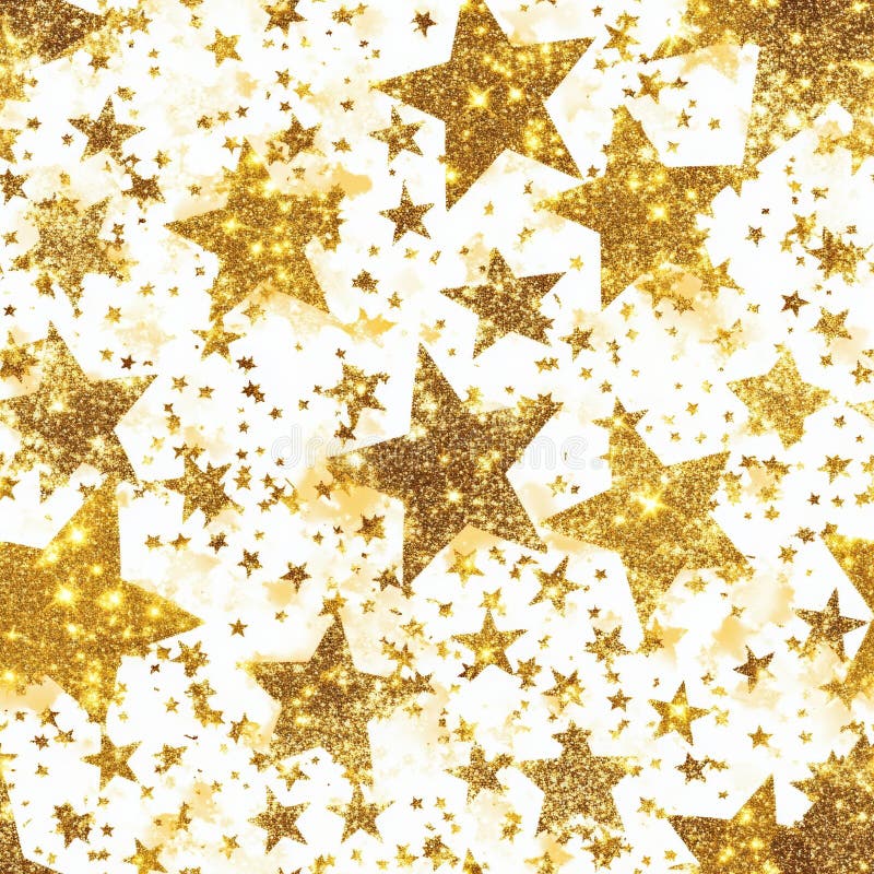 Golden Glitter Stars Seamless Pattern on White Background, Festive ...