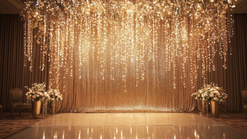 Golden Glitter Wedding Backdrop with Sparkling Lights Stock ...