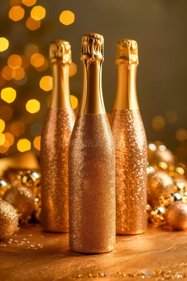 Golden Glittery Champagne Bottles with Festive Bokeh Lights for Elegant ... Golden Glittery Champagne Bottles with Festive Bokeh Lights for Elegant ...