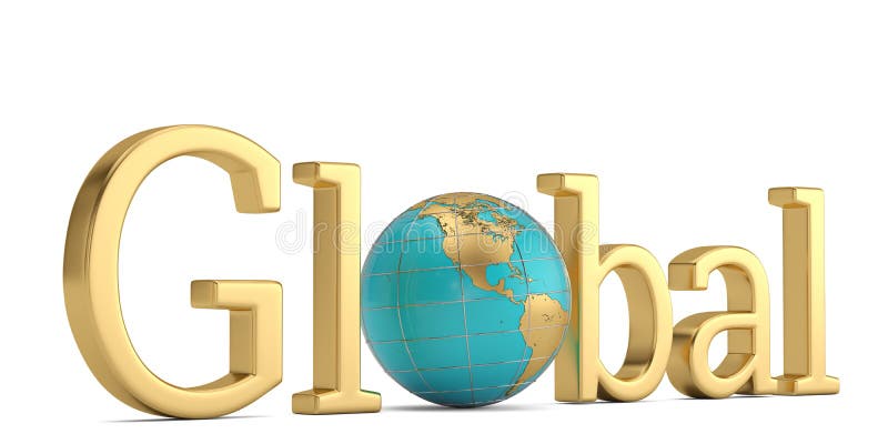Golden Global Word and Globe Isolated on White Background 3D ...