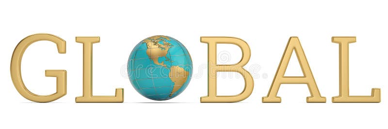 Golden Global Word and Globe Isolated on White Background 3D ...