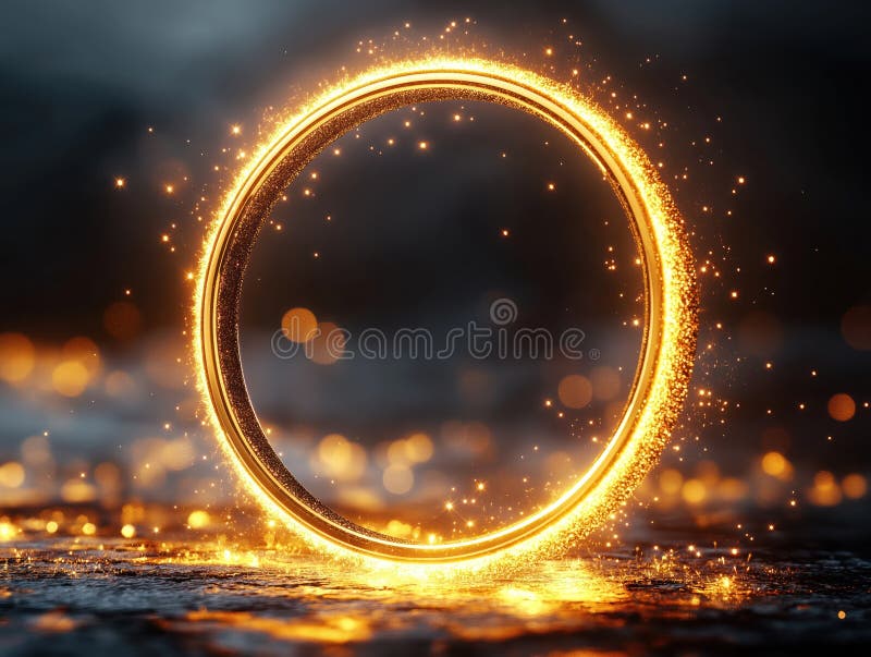 Golden Glowing Circle Design Element on Dark Background. Sparkling Gold ...