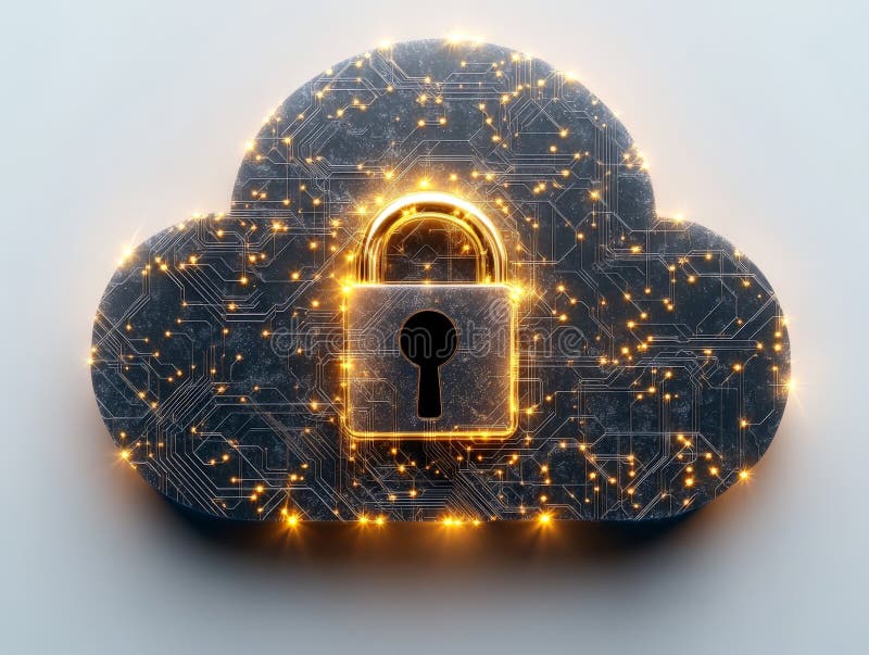 Golden Glowing Cloud with Embedded Black Padlock Surrounded by Sparkling Lights, Representing ...