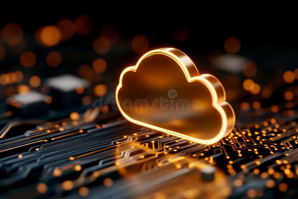 Golden Glowing Cloud Icon Hovering Above Digital Microprocessor on High Tech Motherboard Concept ...