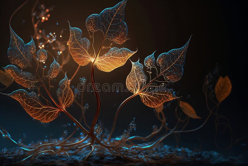 Golden Glowing Fantasy Leaves in Dark Forest Stock Illustration ...