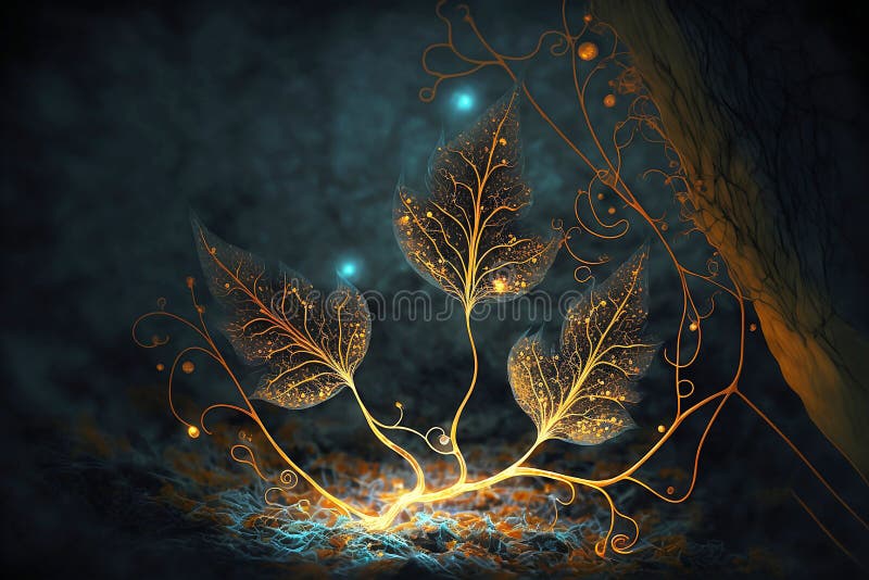 Golden Glowing Fantasy Leaves in Dark Forest Stock Illustration ...