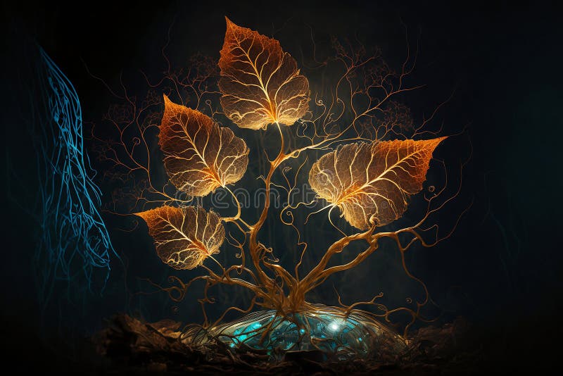 Golden Glowing Fantasy Leaves in Dark Forest Stock Illustration ...