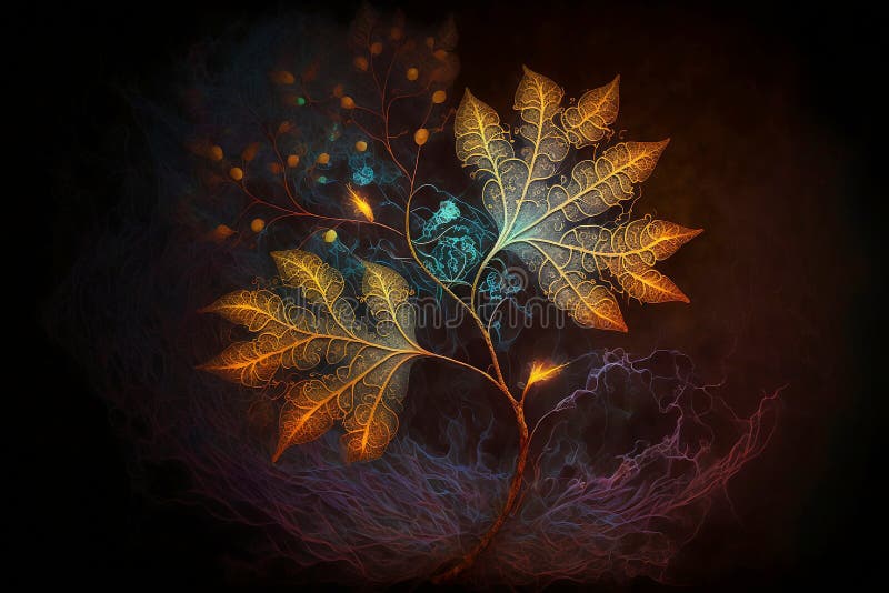 Golden Glowing Fantasy Leaves in Dark Forest Stock Illustration ...