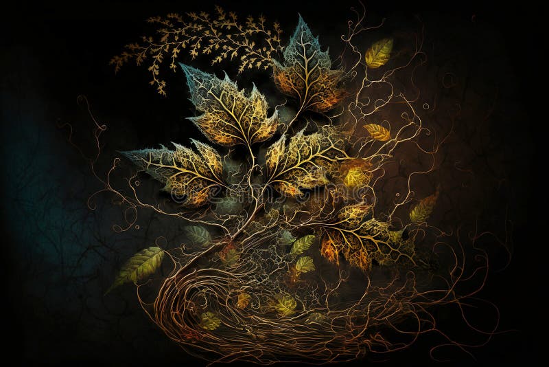 Golden Glowing Fantasy Plant in Dark Forest Stock Illustration ...