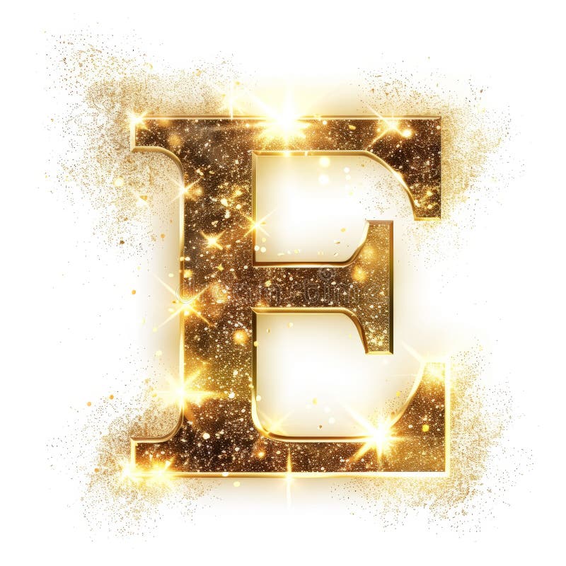 Golden Glowing Letter E with Gold Dust on White Clean Background ...