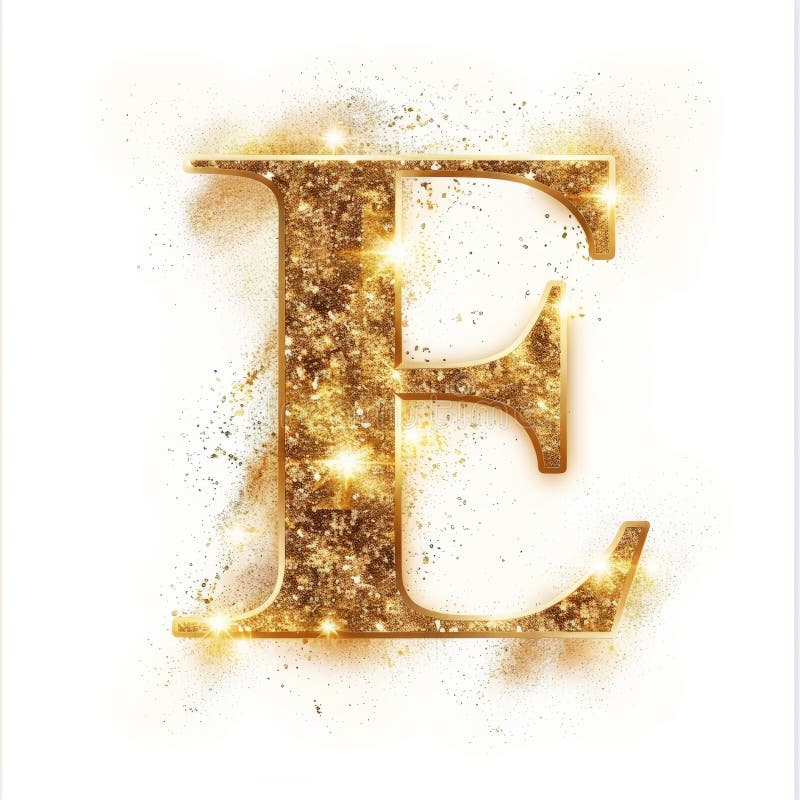 Golden Glowing Letter E with Gold Dust on White Clean Background ...