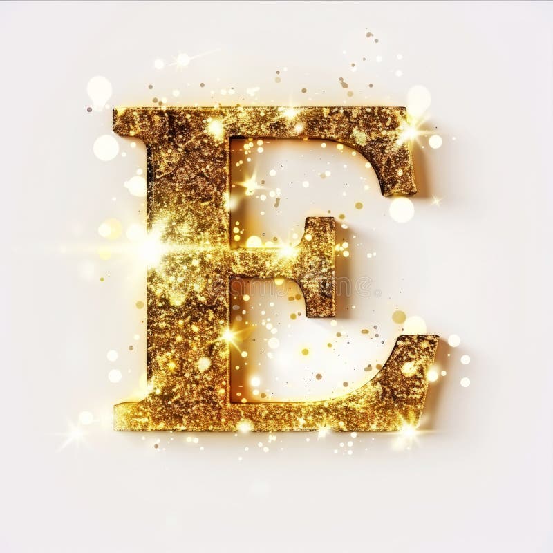 Golden Glowing Letter E with Gold Dust on White Clean Background ...
