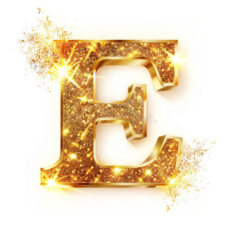 Golden Glowing Letter E with Gold Dust on White Clean Background ...