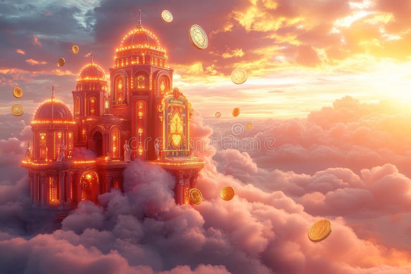 A Golden, Glowing Palace Floating Above Clouds, Surrounded by Smaller ...